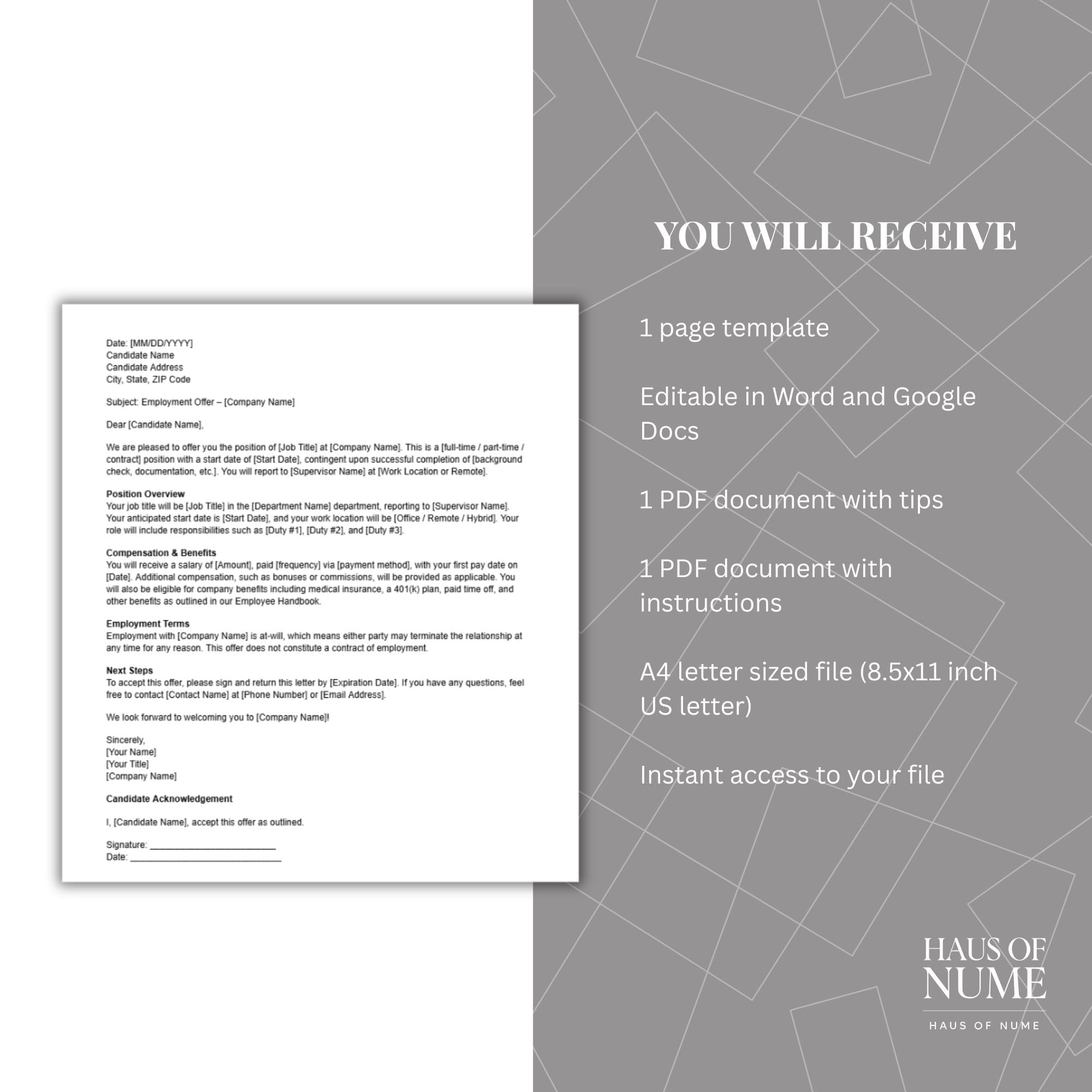 Editable Employment Offer Letter Template: Word & Google Docs - Etsy