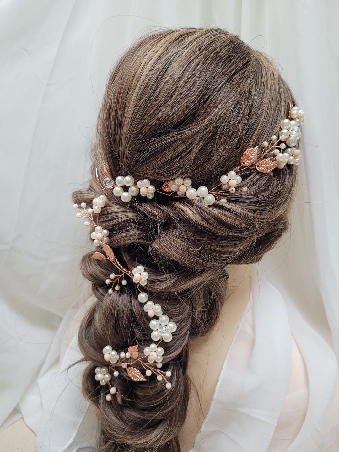 Floral Bridal Hair Vine: Pearl Flower and Leaf, Boho Hair Accessory ...