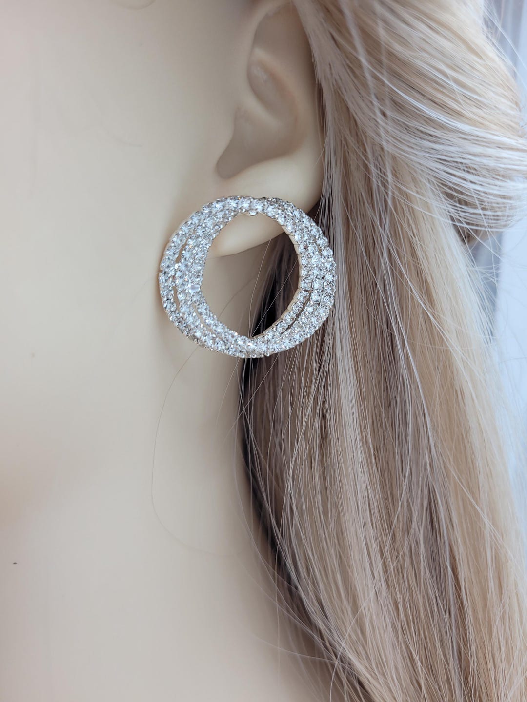 Triple Circle Stud Earrings, Pave Circle Earrings, Silver CZ Earrings, Bridal Jewelry, Wedding ...