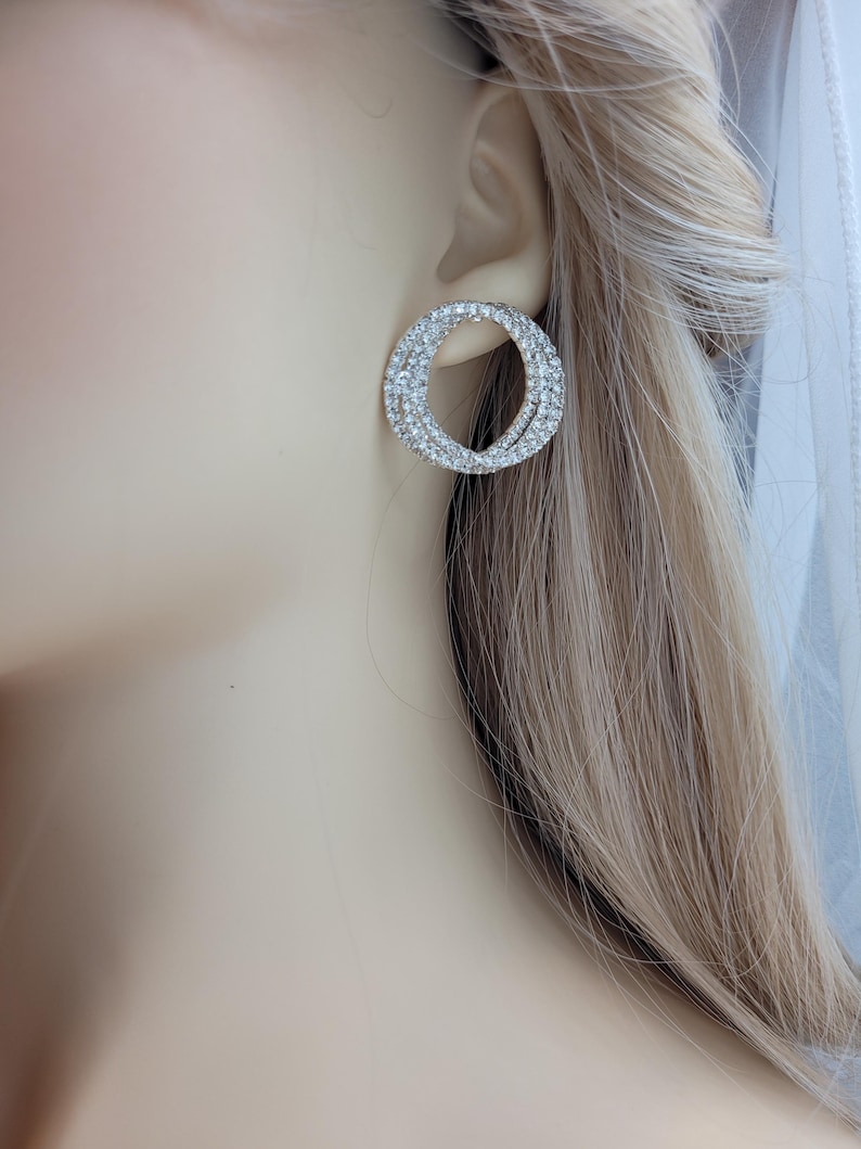 Triple Circle Stud Earrings, Pave Circle Earrings, Silver CZ Earrings, Bridal Jewelry, Wedding ...