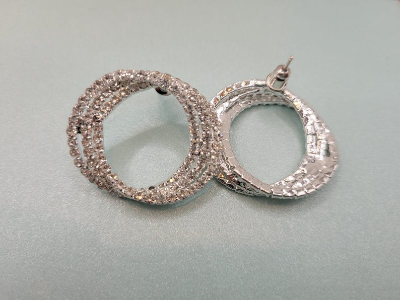 Triple Circle Stud Earrings, Pave Circle Earrings, Silver CZ Earrings, Bridal Jewelry, Wedding ...