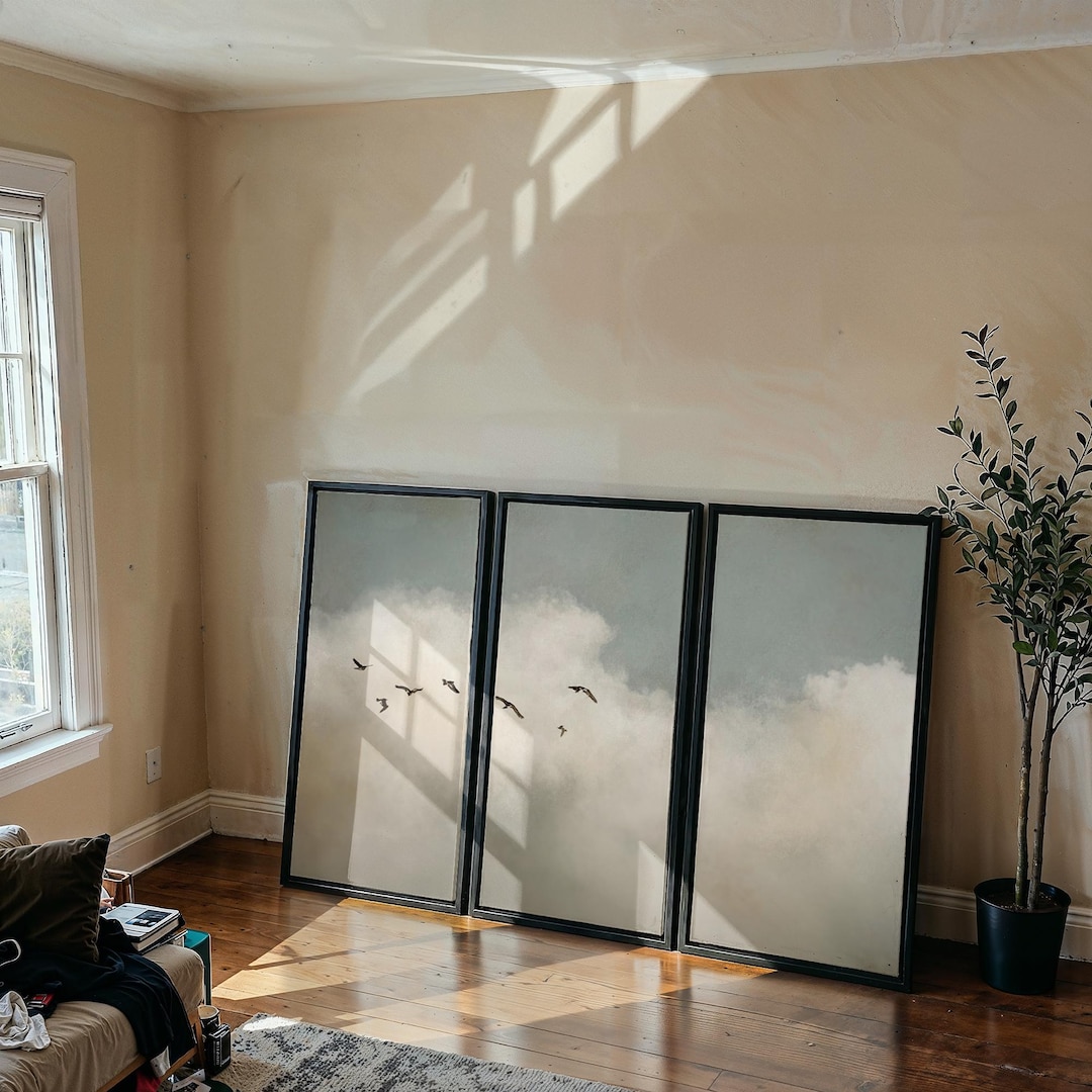 Soft Clouds Birds | Large 3-piece Wall Art, Oversized Framed Canvas Set ...