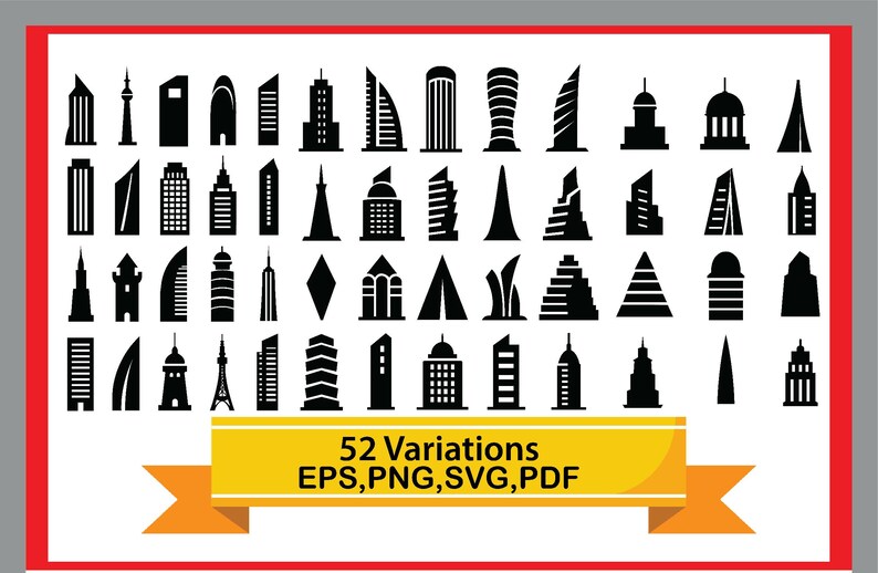 Modern City SVG Building Set | 52 Urban SVG Silhouettes for Logos ...