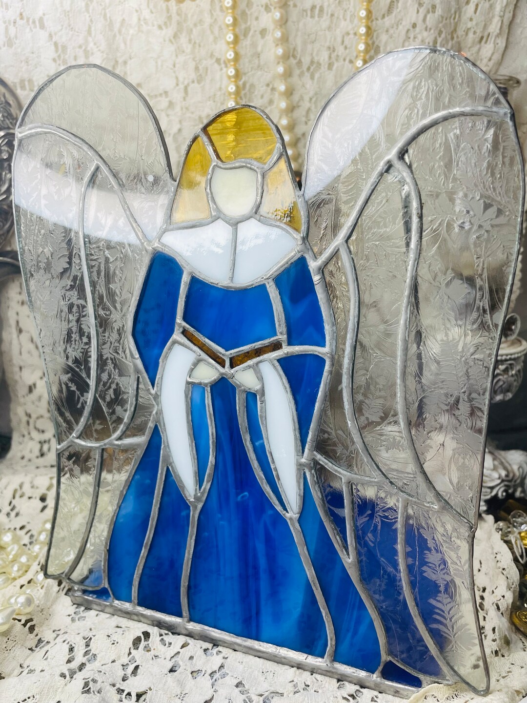 Cobalt Blue Glass Angel Stained Glass Candle Holder Plant Stand Bookend ...