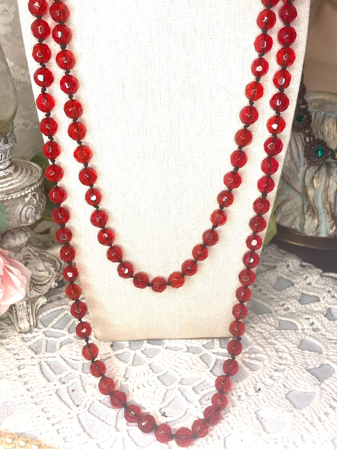 Gorgeous Cherry Red,long ,vintage, Faceted ,glass Beaded Necklace ...