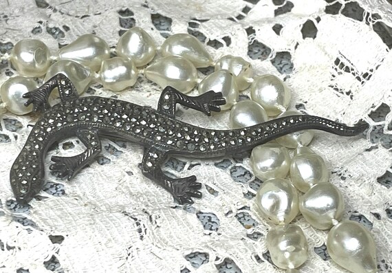 Antique Sterling Silver Rhinestone Lizard Brooch , - Gem