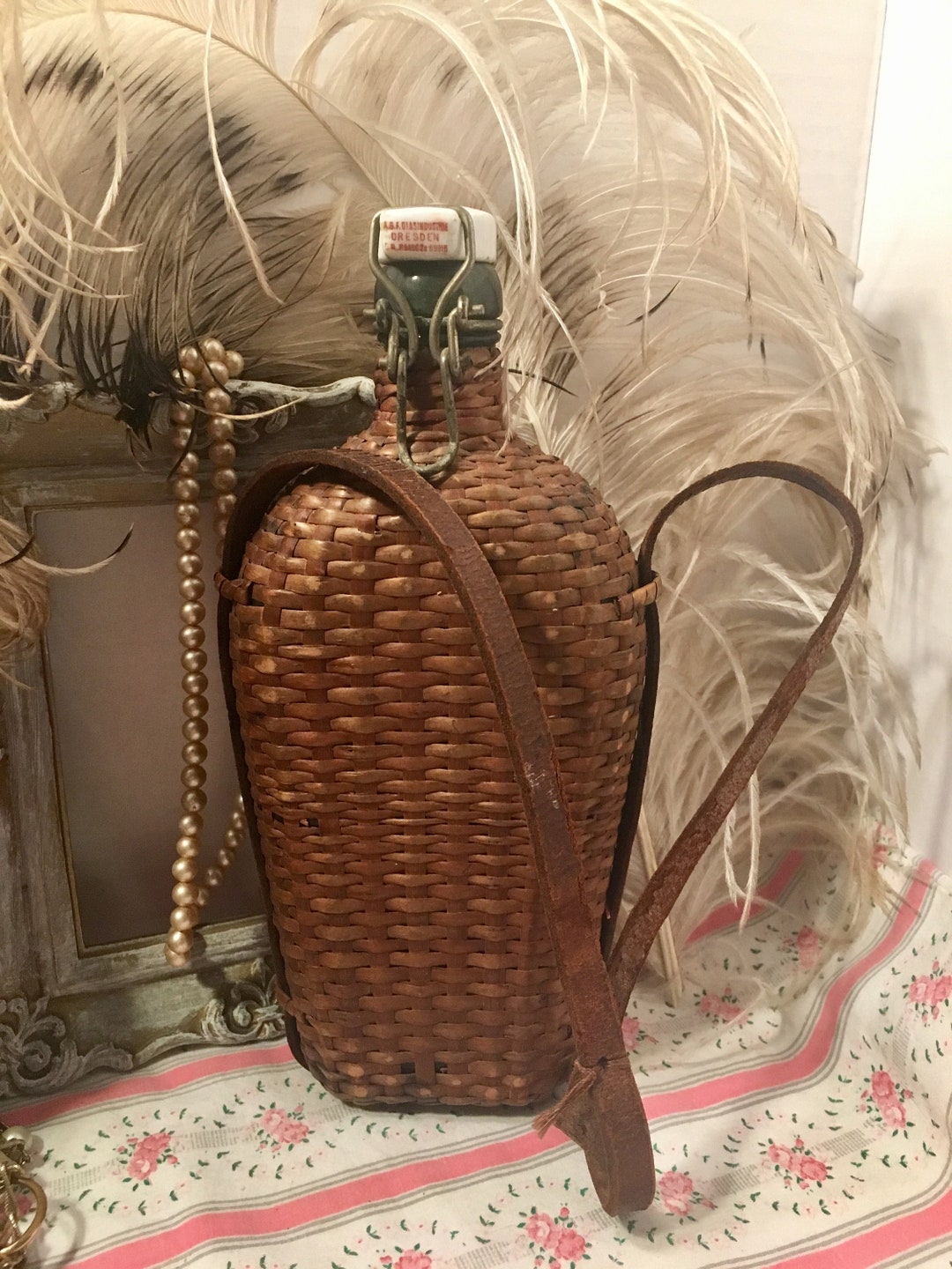 Antique German Wicker Flask Dresden Stopper Green Glass Awesome Patina ...