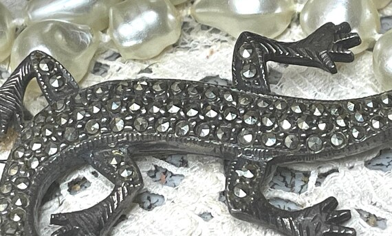 Antique Sterling Silver Rhinestone Lizard Brooch , - Gem