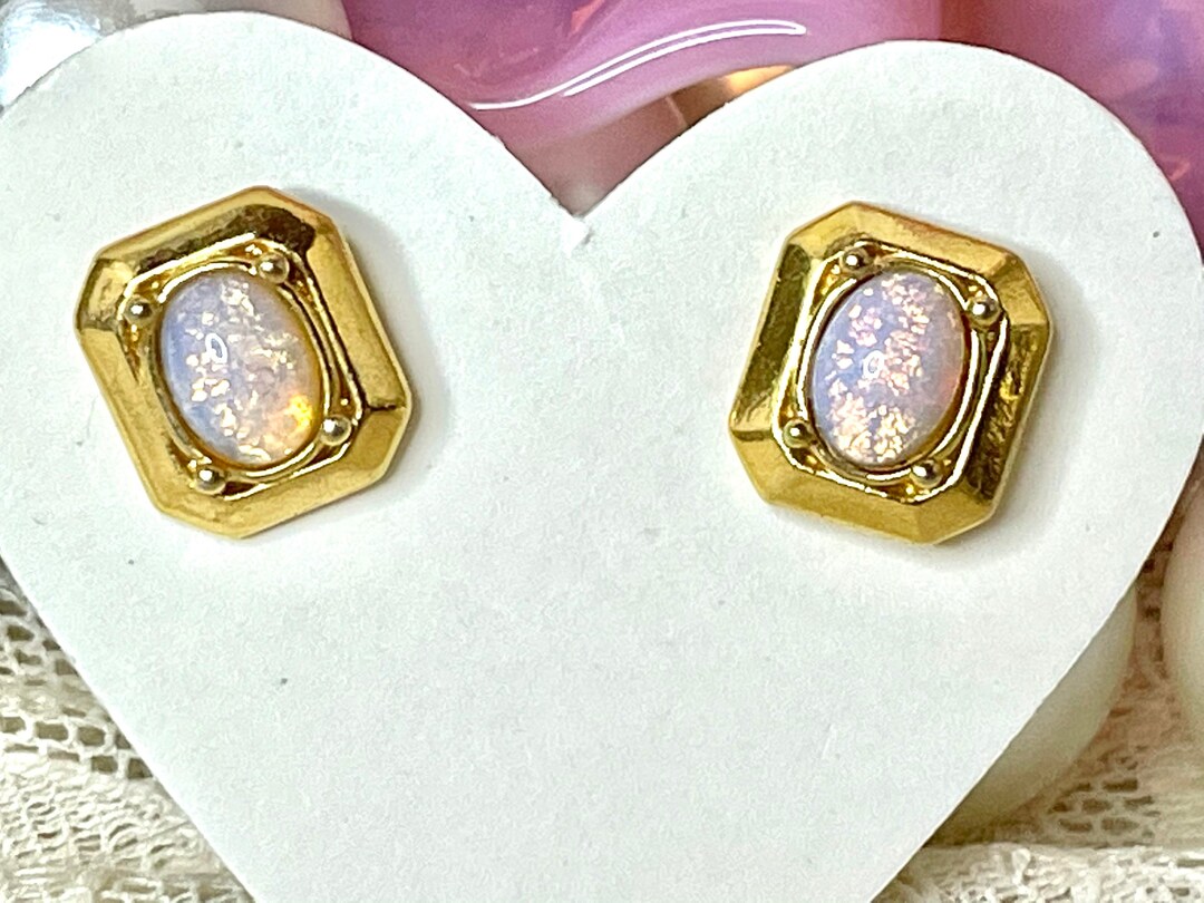 Oval Opals Set in Golden Frame Pierced Earrings Costume Jewelry ...