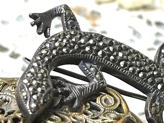 Antique Sterling Silver Rhinestone Lizard Brooch , - Gem