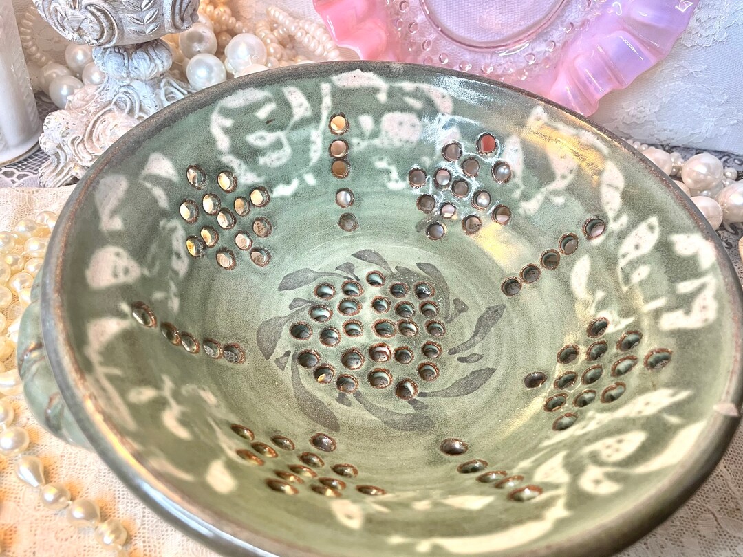 Beautiful Colander Studio Art Pottery green Glazed Terra Cotta ...
