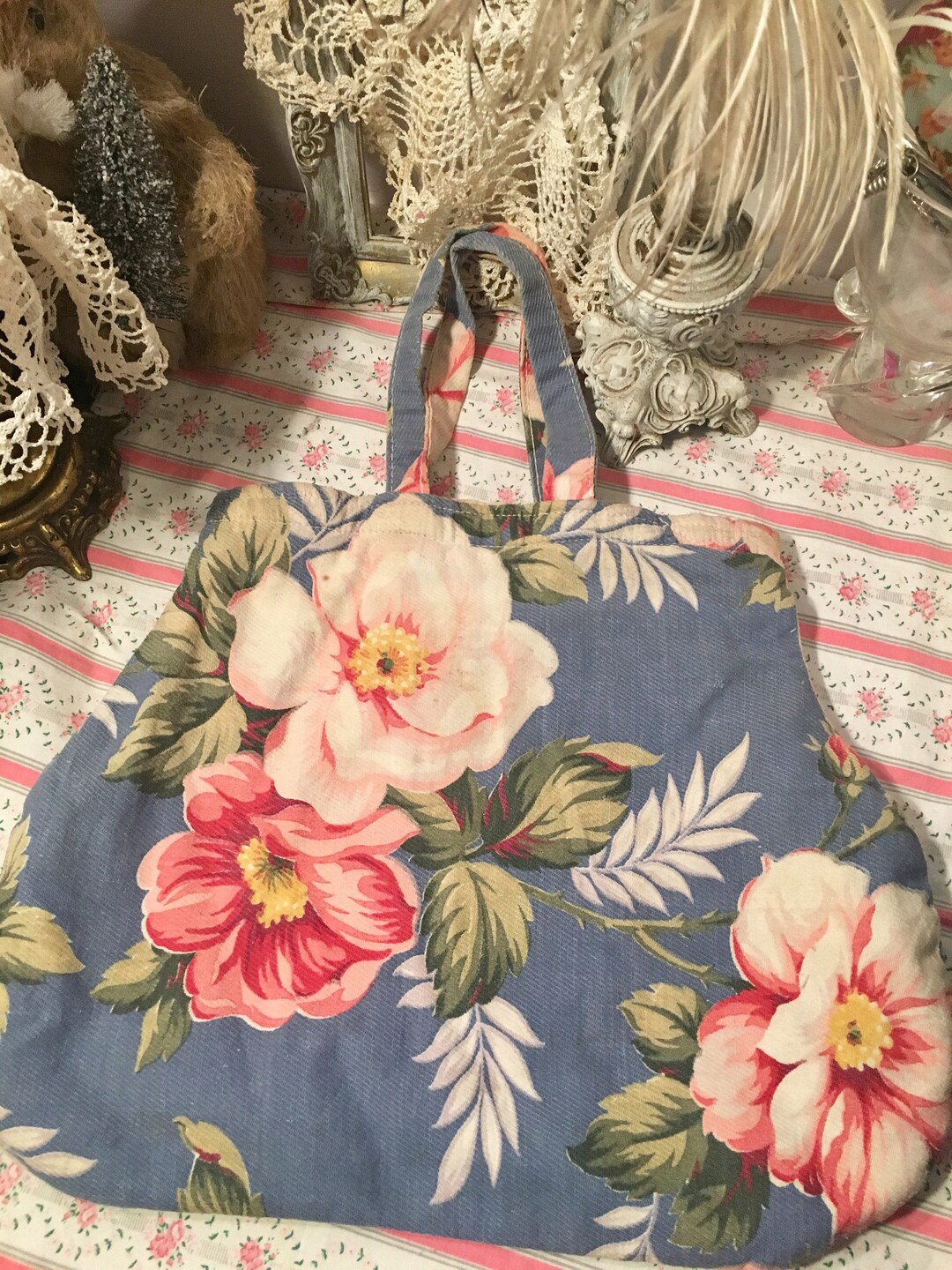 Antique Vintage Barkcloth Bag Purse Satchel Fabulous Blue Roses Floral ...