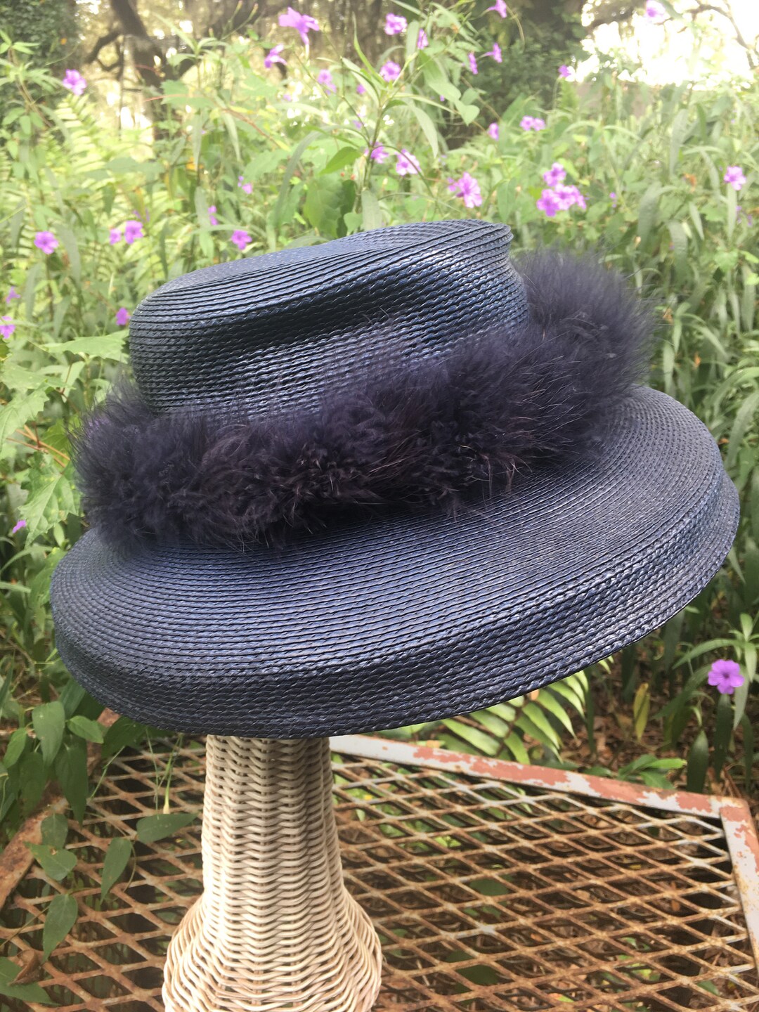 Blue Feather Hat Mr John Vintage Navy Blue Straw - Etsy