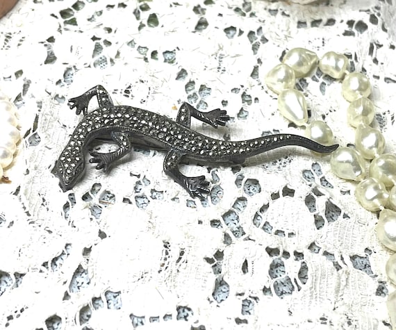 Antique Sterling Silver Rhinestone Lizard Brooch , - Gem