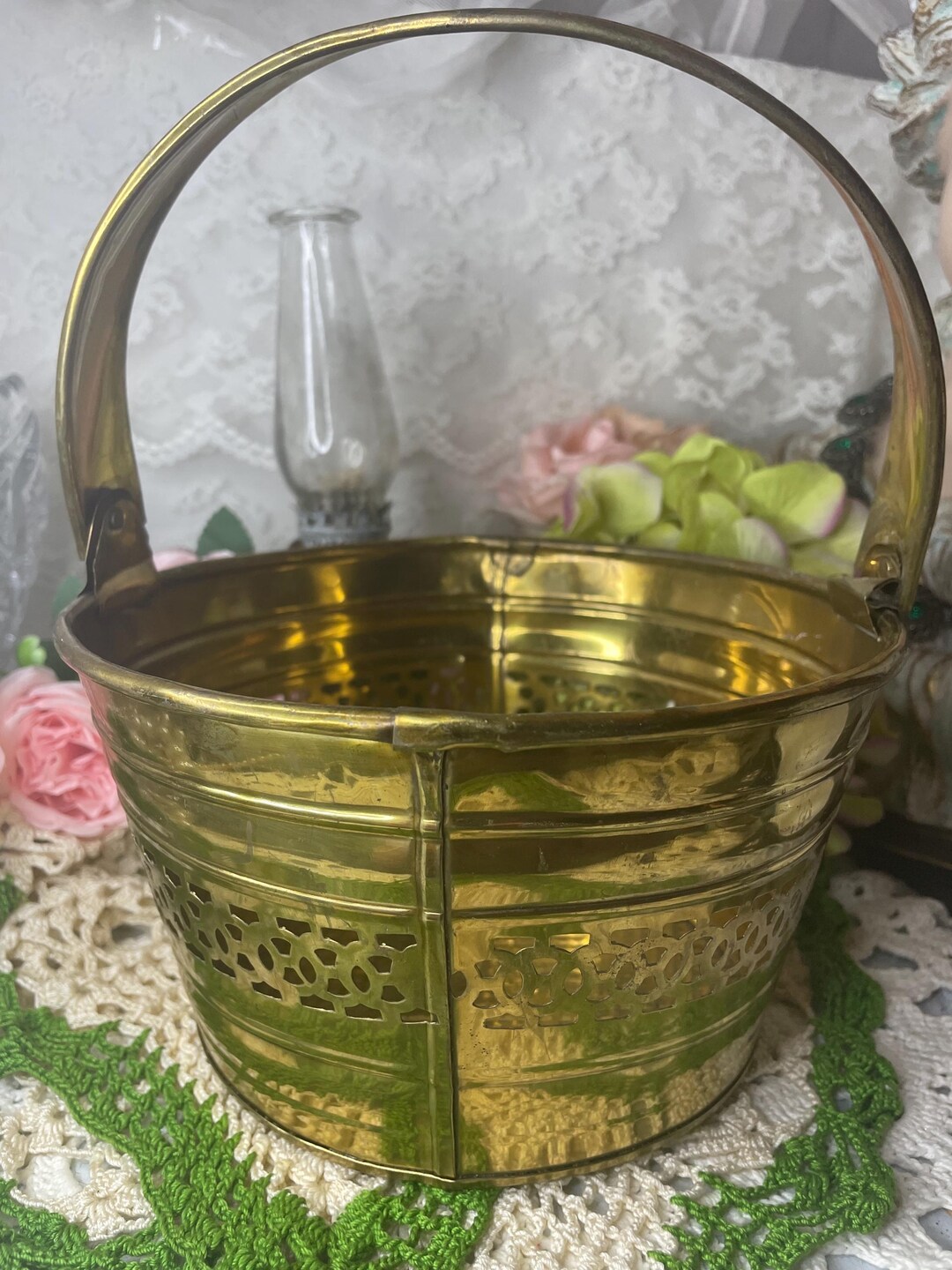 Vintage Brass Filigree Basket, Large 8” Round, Swing Handle, Planter ...