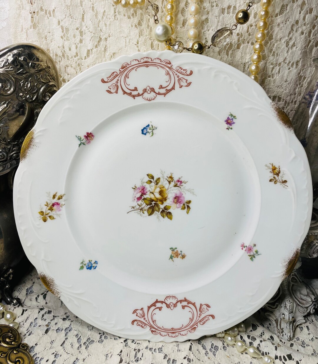 Antique Roses Plate Moss Rose Burgundy Medallions Gold - Etsy