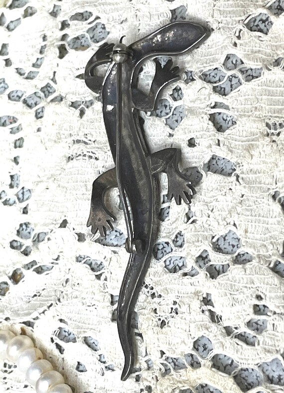 Antique Sterling Silver Rhinestone Lizard Brooch , - Gem