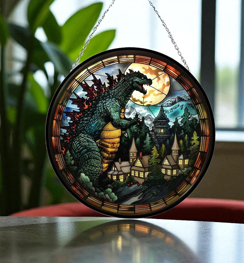 Godzilla Suncatcher Stained Glass Style Window Hanging, Kaiju Monster ...