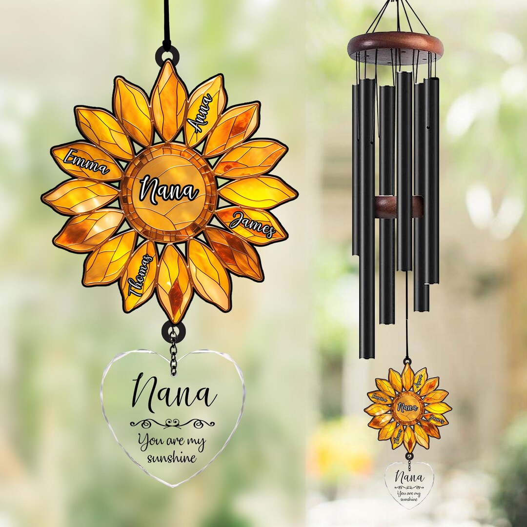 Personalized Sunflower Wind Chime Gift for Grandma, Custom Grandkid ...