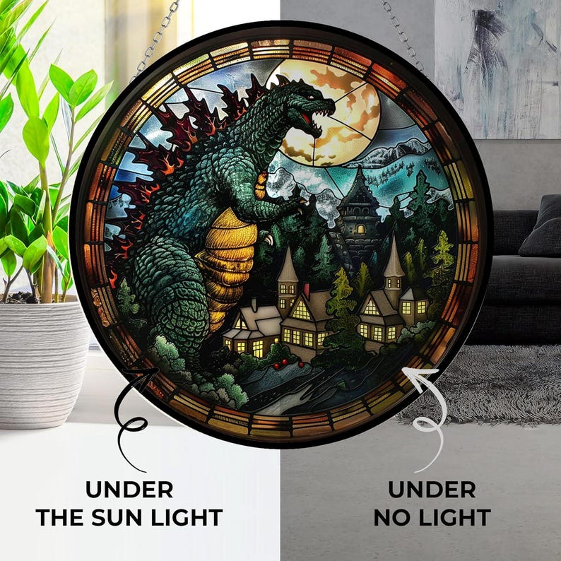 Godzilla Suncatcher Stained Glass Style Window Hanging, Kaiju Monster ...