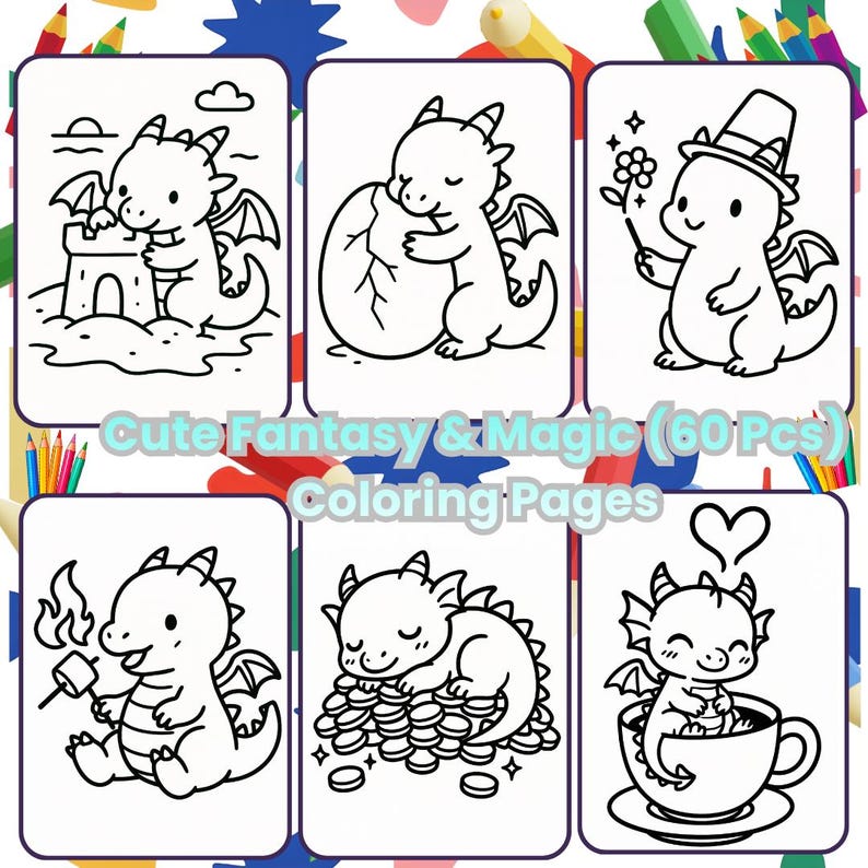 Cute Fantasy Coloring Pages Bundle | Dragons, Fairies, Celestial (PDF ...