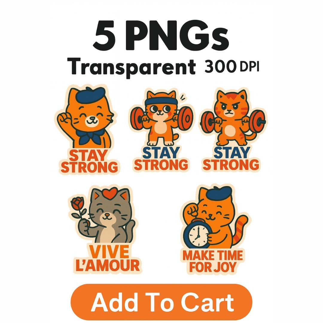 Cute Motivational Cat PNG Bundle | 5 Transparent 300 DPI Files ...
