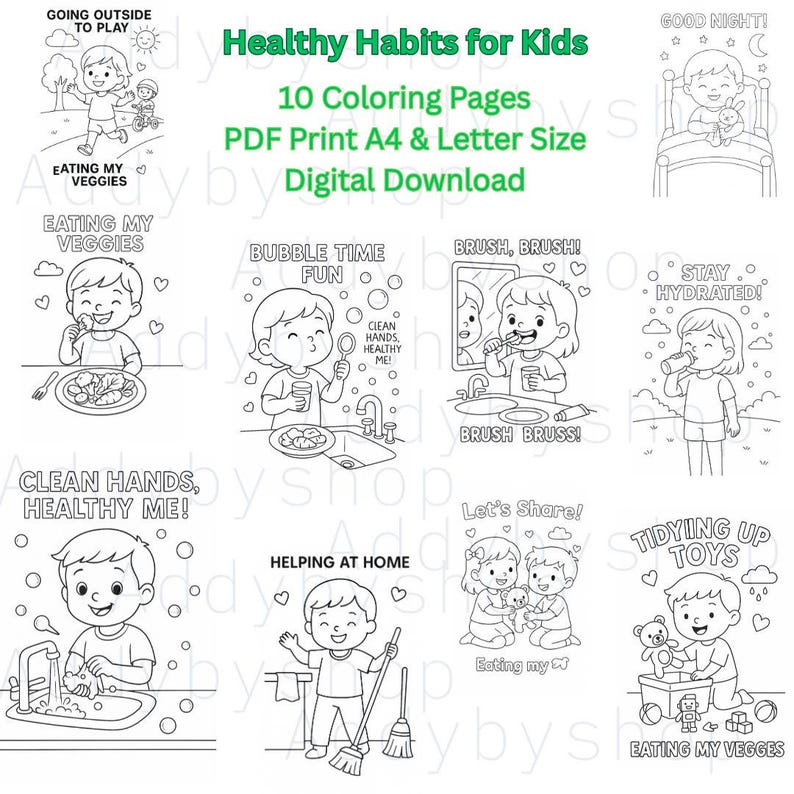 Healthy Habits Coloring Pages for Kids: Daily Routine (printable PDF ...