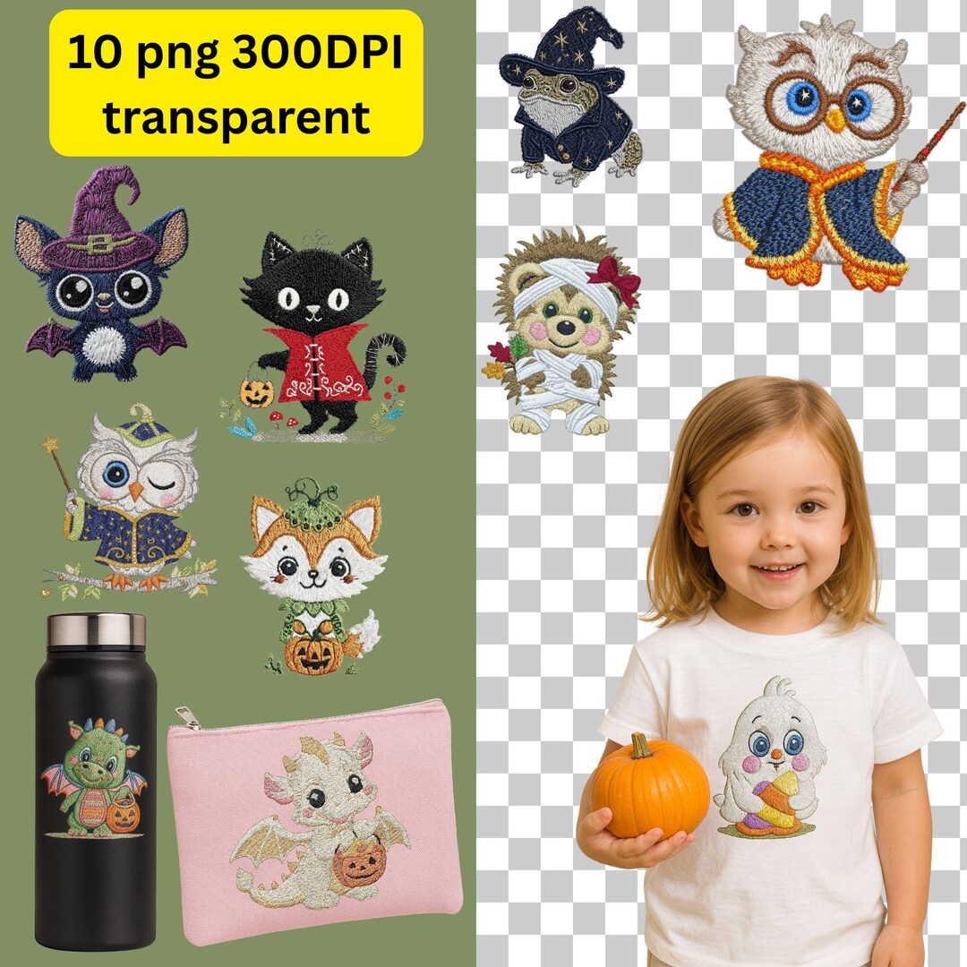 Embroidered Halloween Clipart Bundle - Cute Halloween Animals, Kawaii ...