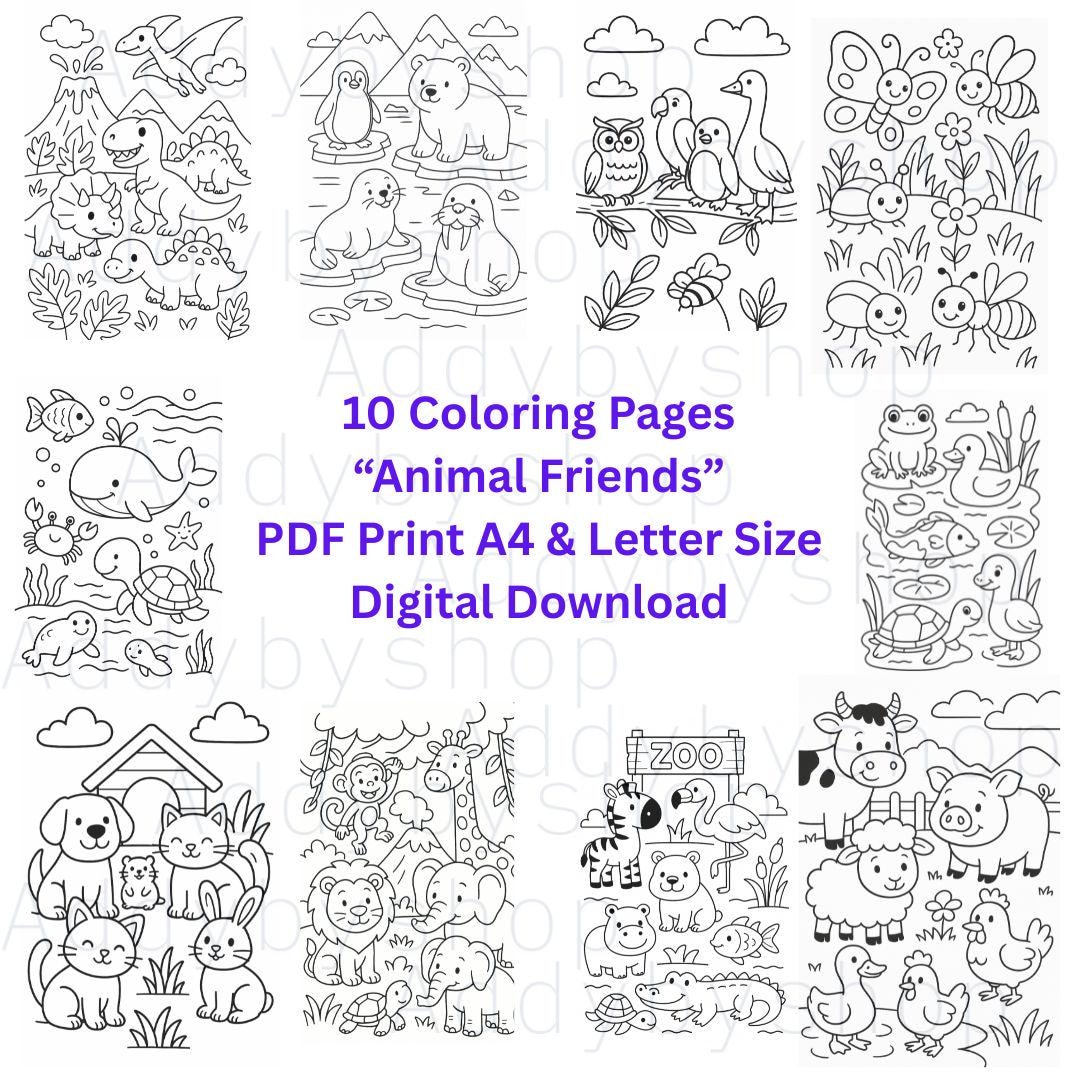 Printable Animal Friends Coloring Pages for Kids | 10 Cute Animals ...
