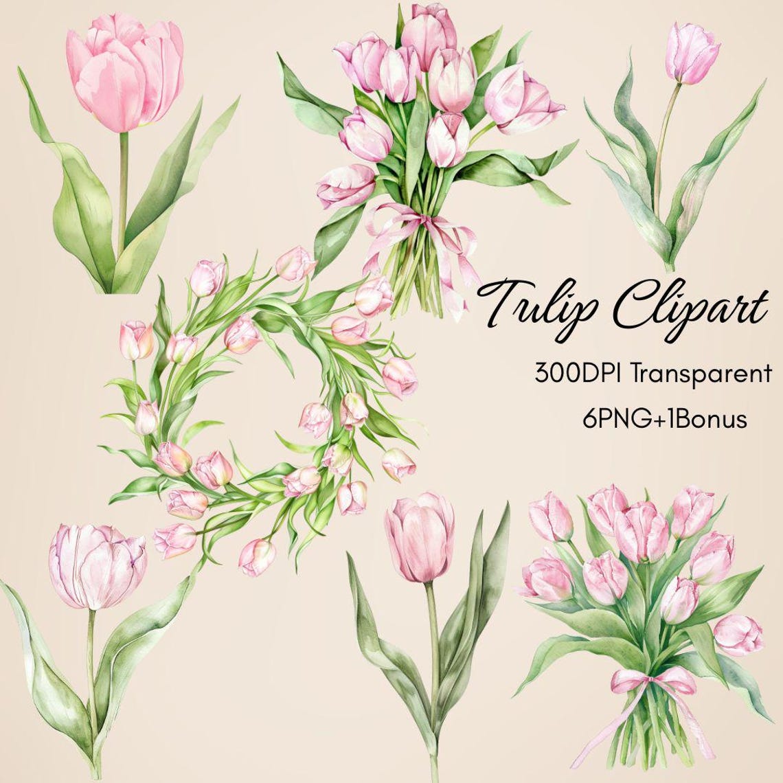 Pink Tulip Watercolor Clipart Bundle: Floral Bouquet, Wreath (PNG ...