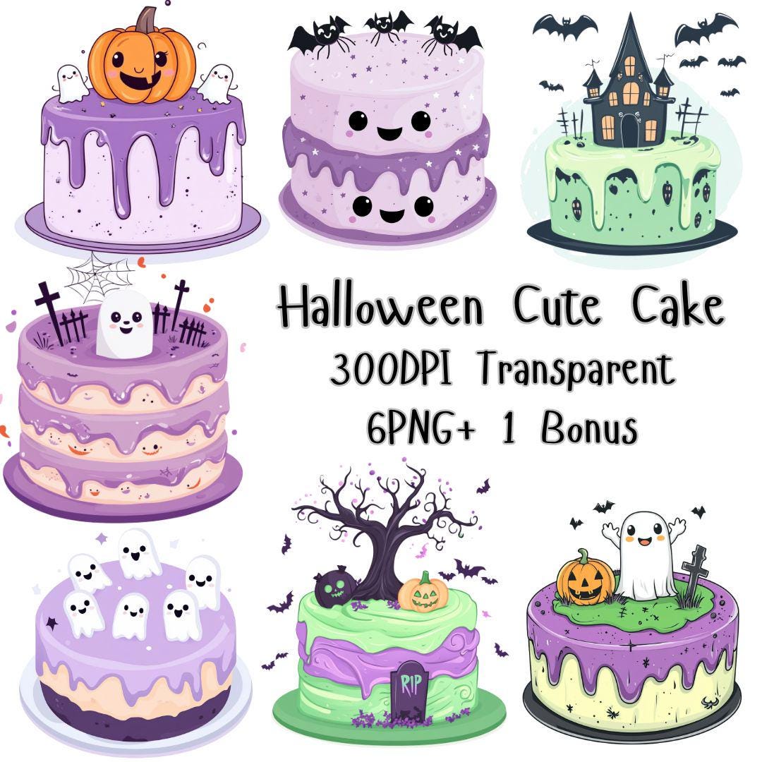 Kawaii Halloween Cake Clipart, Ghost Pumpkin Bat Designs (digital ...