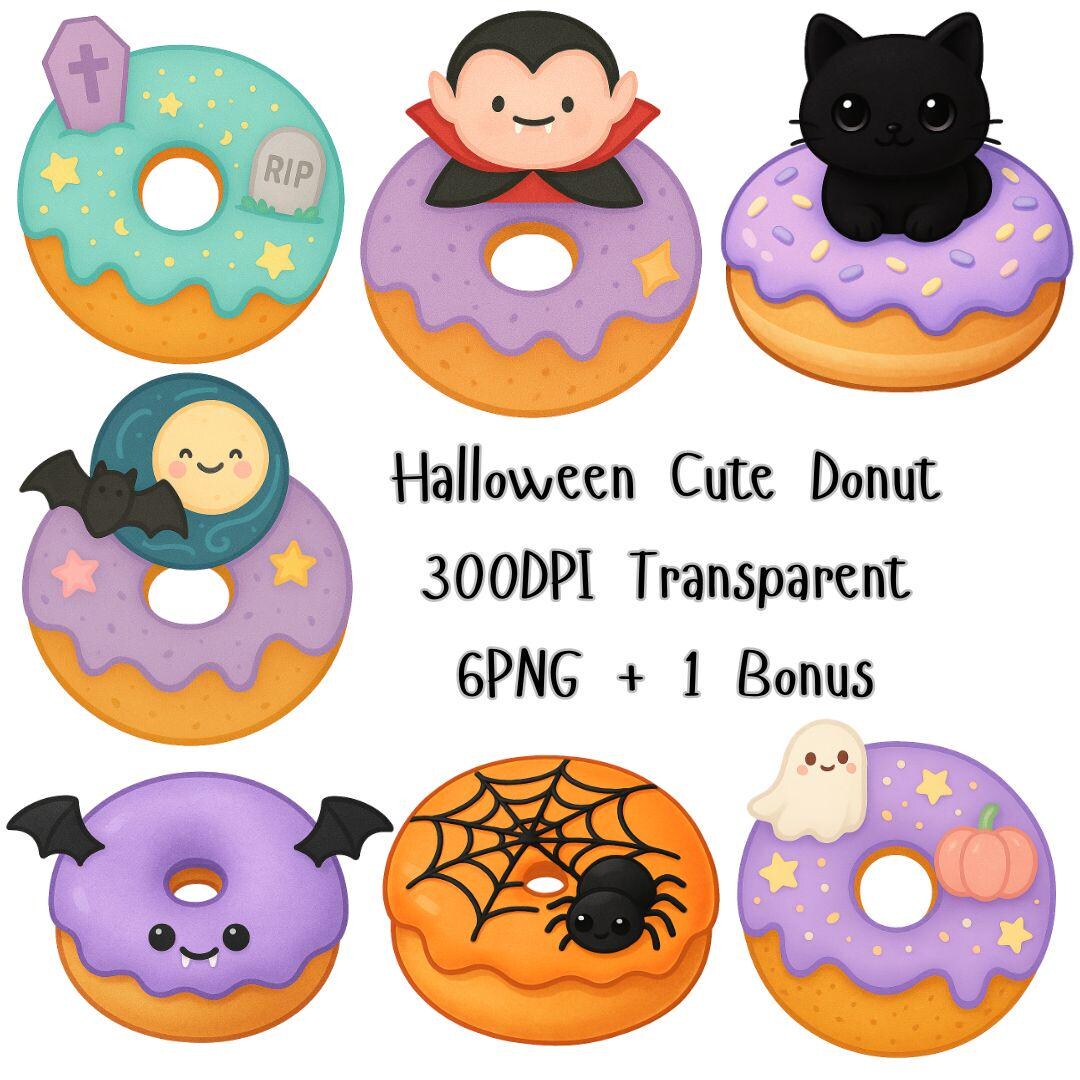 Halloween Donut Clipart Black Cat Vampire Bat Spider Web PNG, Kawaii ...