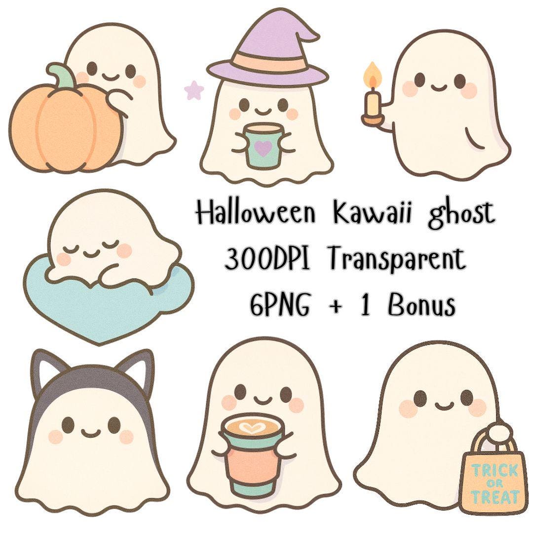 Kawaii Ghost Clipart Bundle: Pastel Halloween PNG Graphics (digital ...