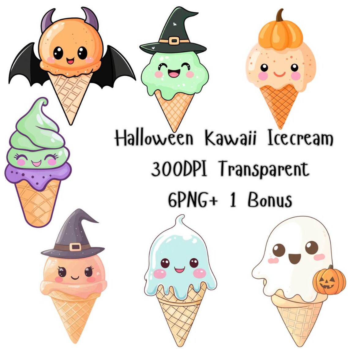 Halloween Ice Cream Clipart Bundle, Kawaii Dessert PNG (digital ...