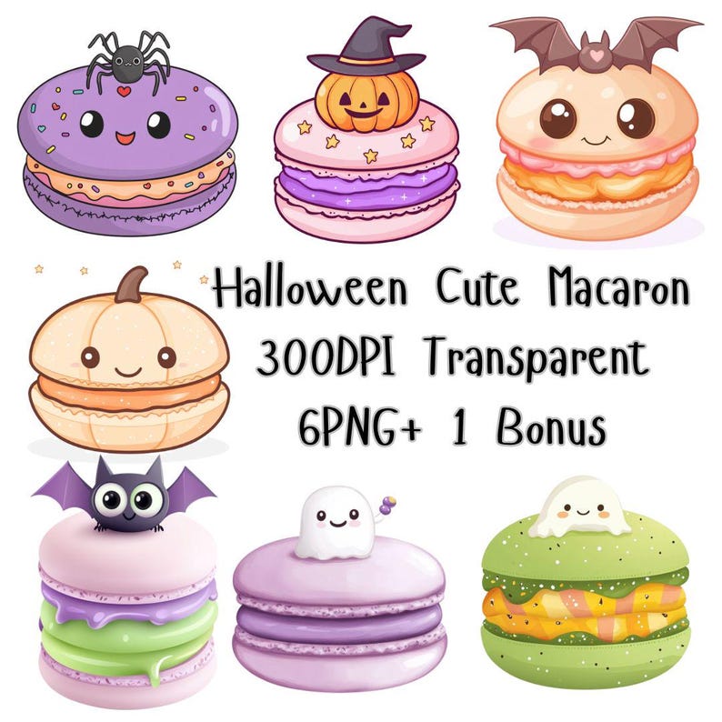 Kawaii Halloween Macaron Clipart Bundle: Ghost, Bat, Pumpkin (digital ...