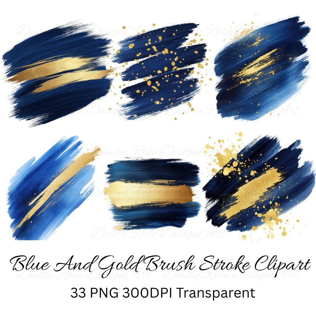 Blue and Gold Brush Stroke Clipart: 33 PNG Designs (300DPI Digital ...