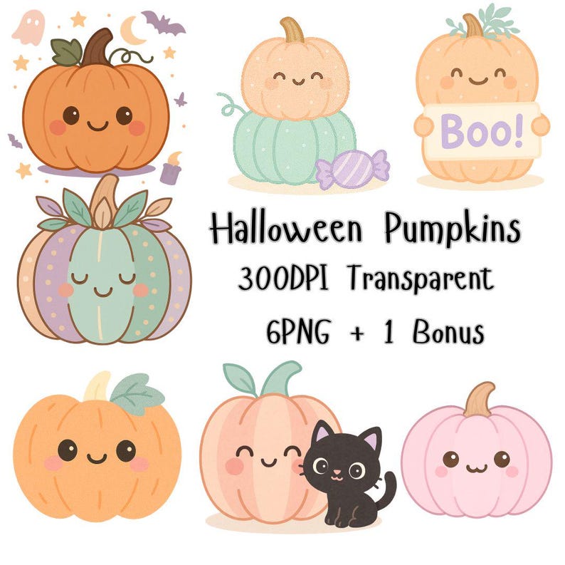 Kawaii Pumpkin Clipart Bundle: Pastel Halloween PNG Graphics (digital ...