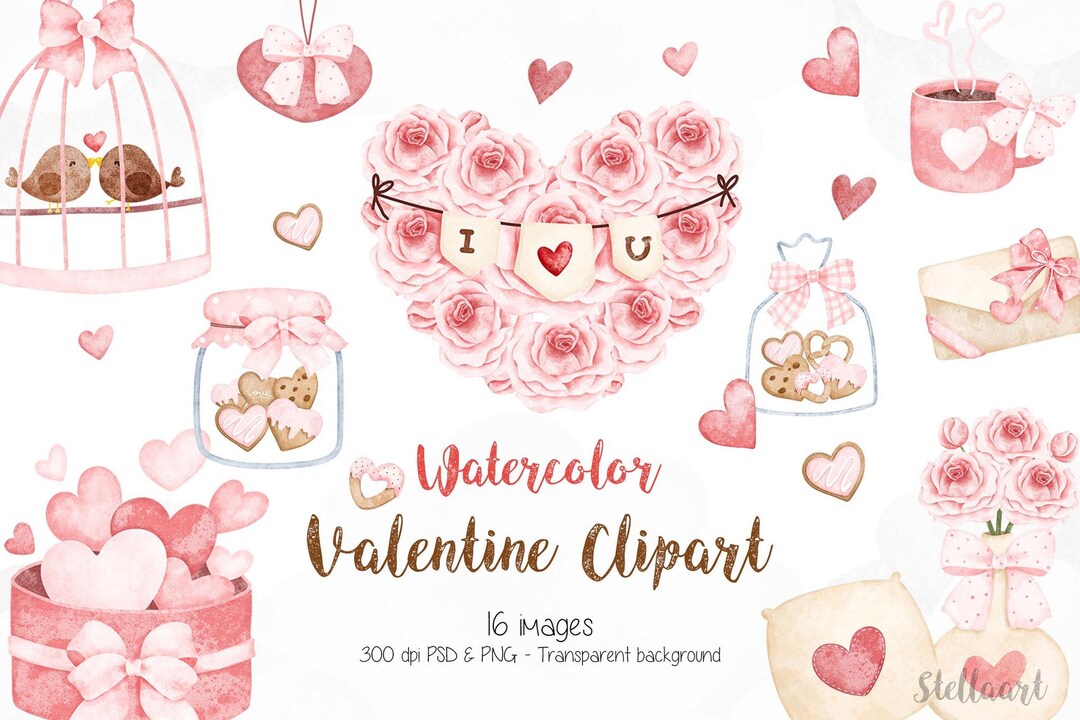 Watercolor Valentine Clipart. Pink Valentine Pngs - Cute Valentine ...