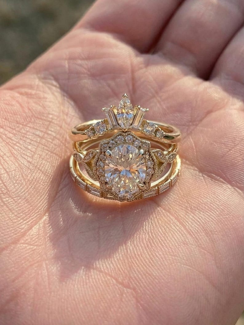 Unique Oval Bridal Set 2.5 CT Moissanite Engagement Ring Art Deco Ring ...