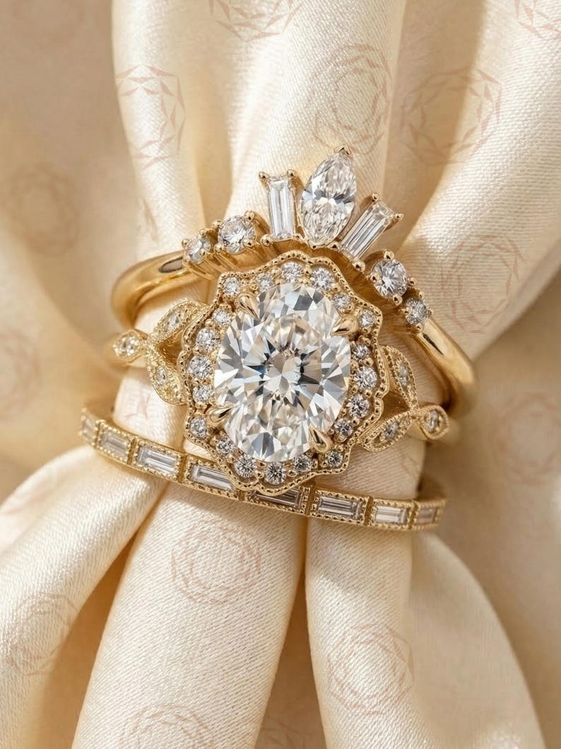 Unique Oval Bridal Set 2.5 CT Moissanite Engagement Ring Art Deco Ring ...