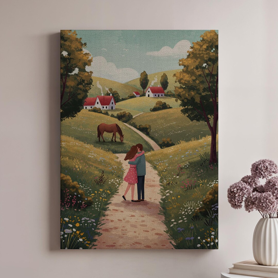 Romantic Couple, Countryside Path, Village Love Canvas, Hugging Lovers ...