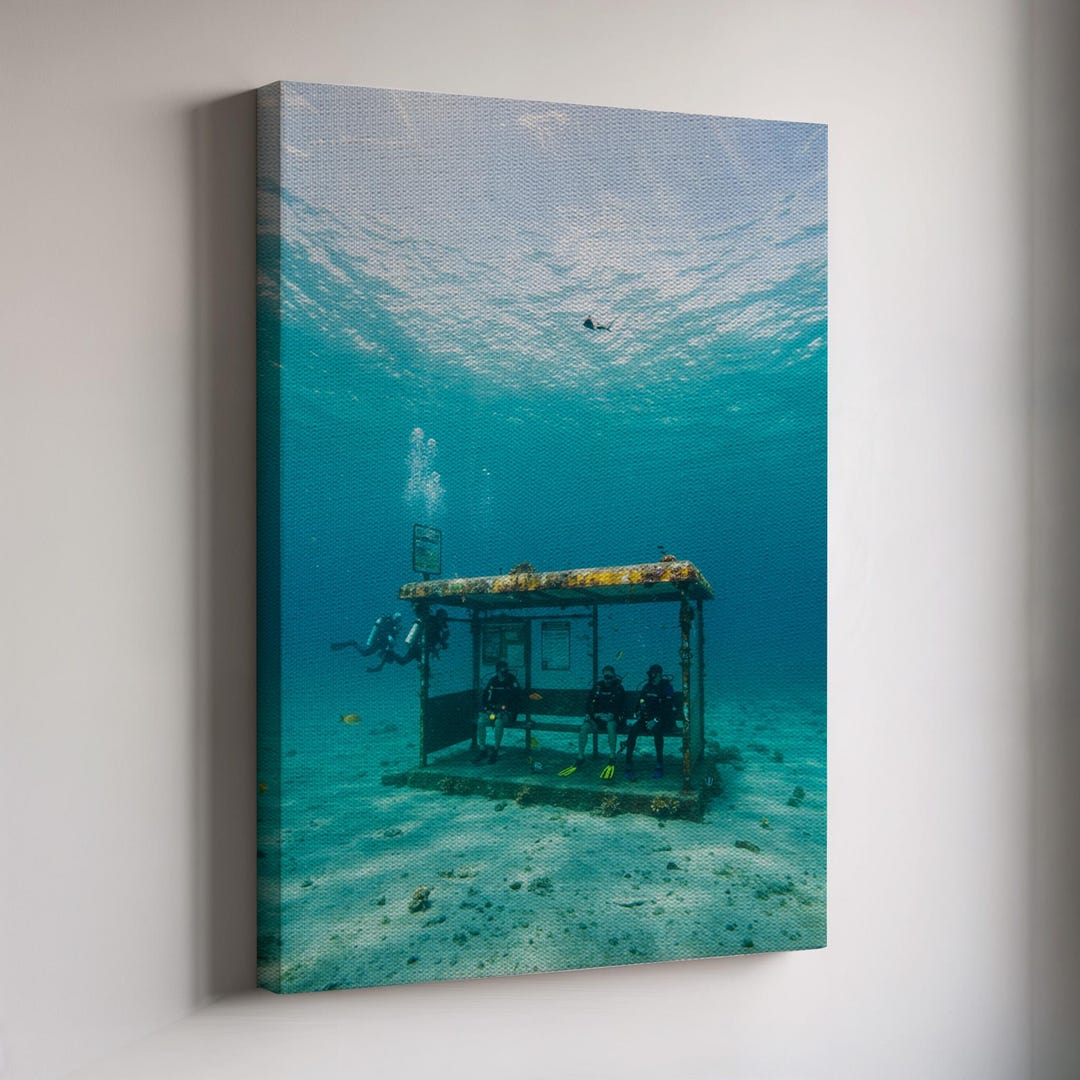 Underwater Bus Stop Art, Surreal Ocean Fantasy Scene, Scuba Divers ...