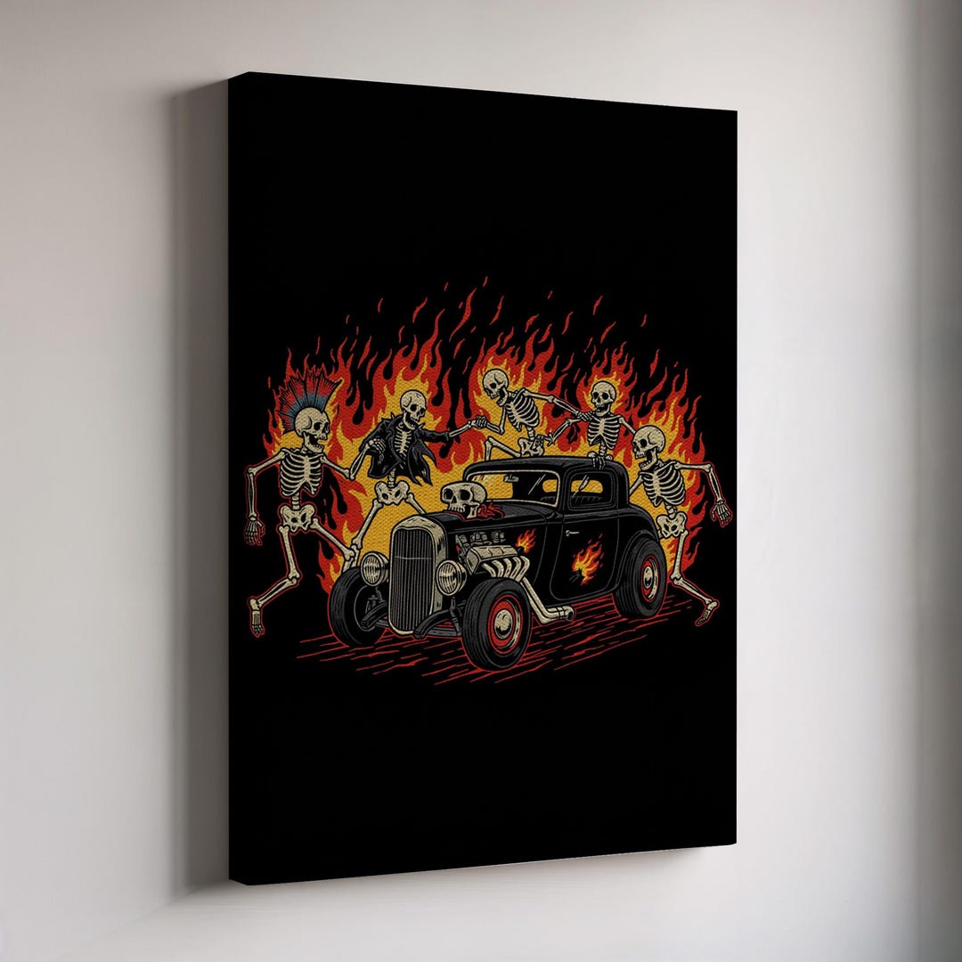Skeleton Hot Rod Halloween Canvas Wall Art, Spooky Skeletons and Car ...