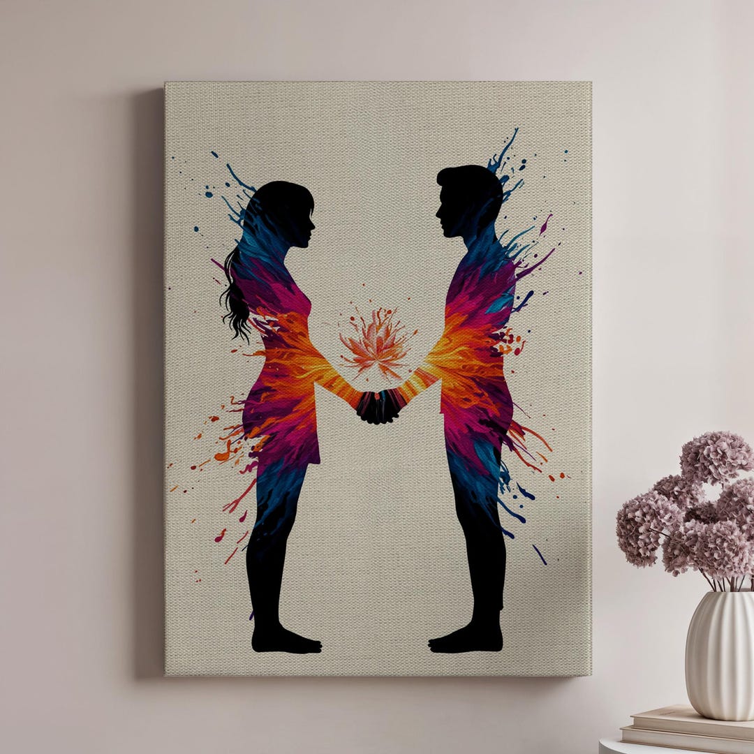 Couple Connection Canvas Wall Art, Colorful Silhouette Lovers Holding ...