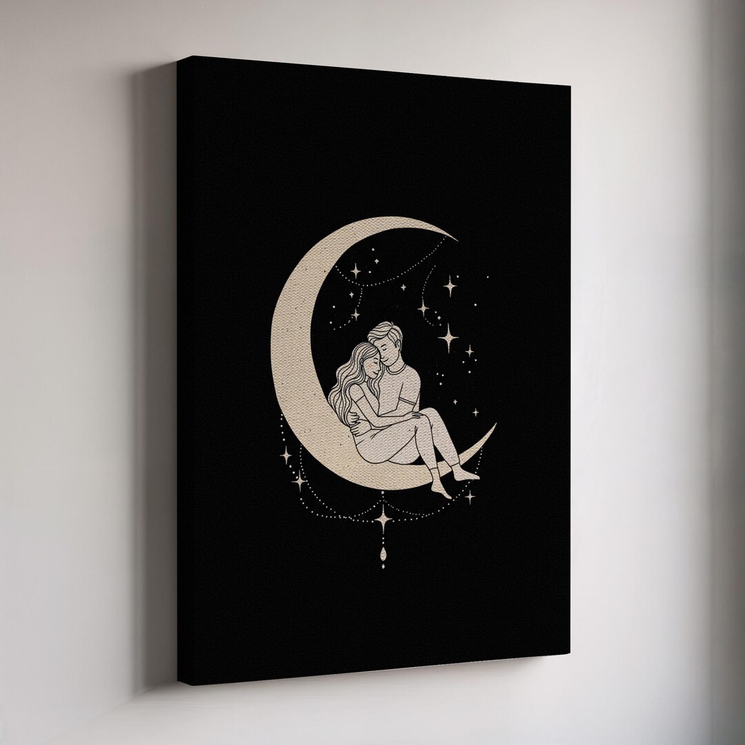 Romantic Couple on Crescent Moon Canvas Wall Art, Starry Night Love ...
