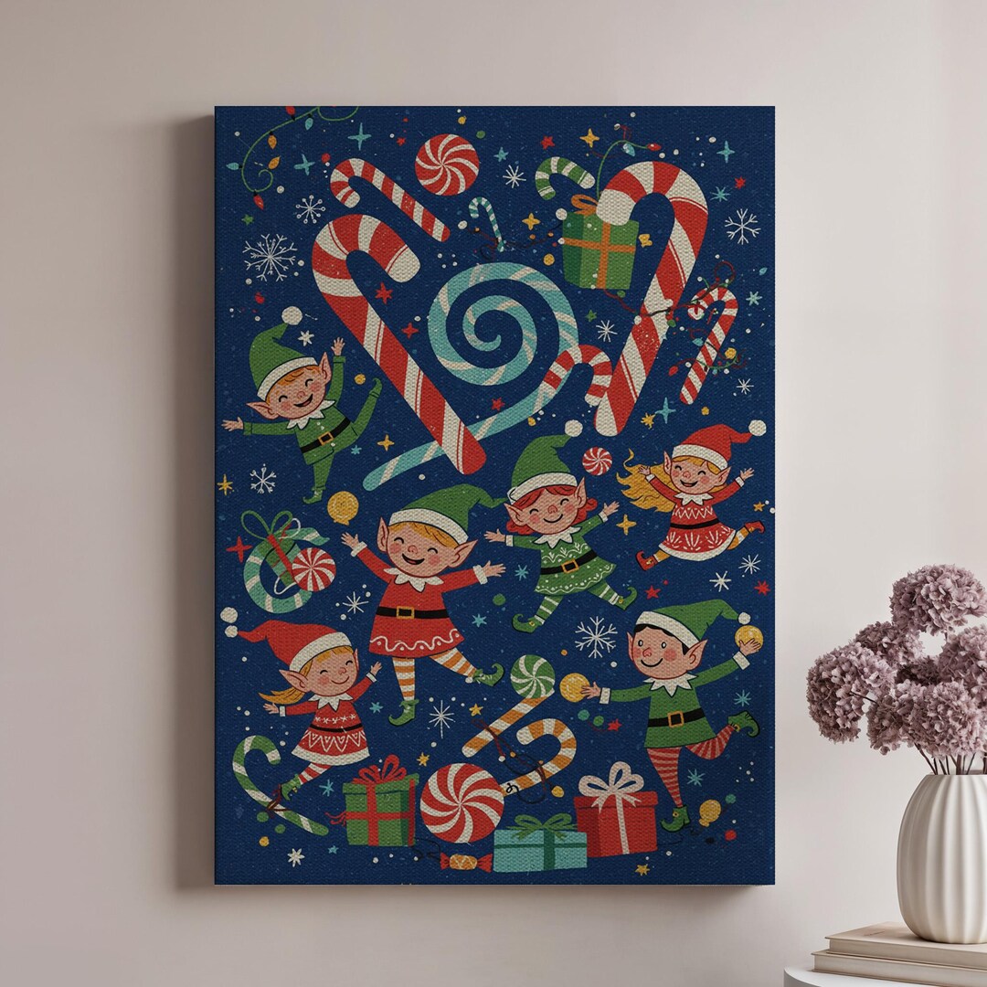 Christmas Elves, Candy Cane Fun, Holiday Canvas Wall Art, Festive Elf ...