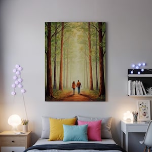 Romantic Couple in Forest Canvas Wall Art, Nature Walk Love Painting ...