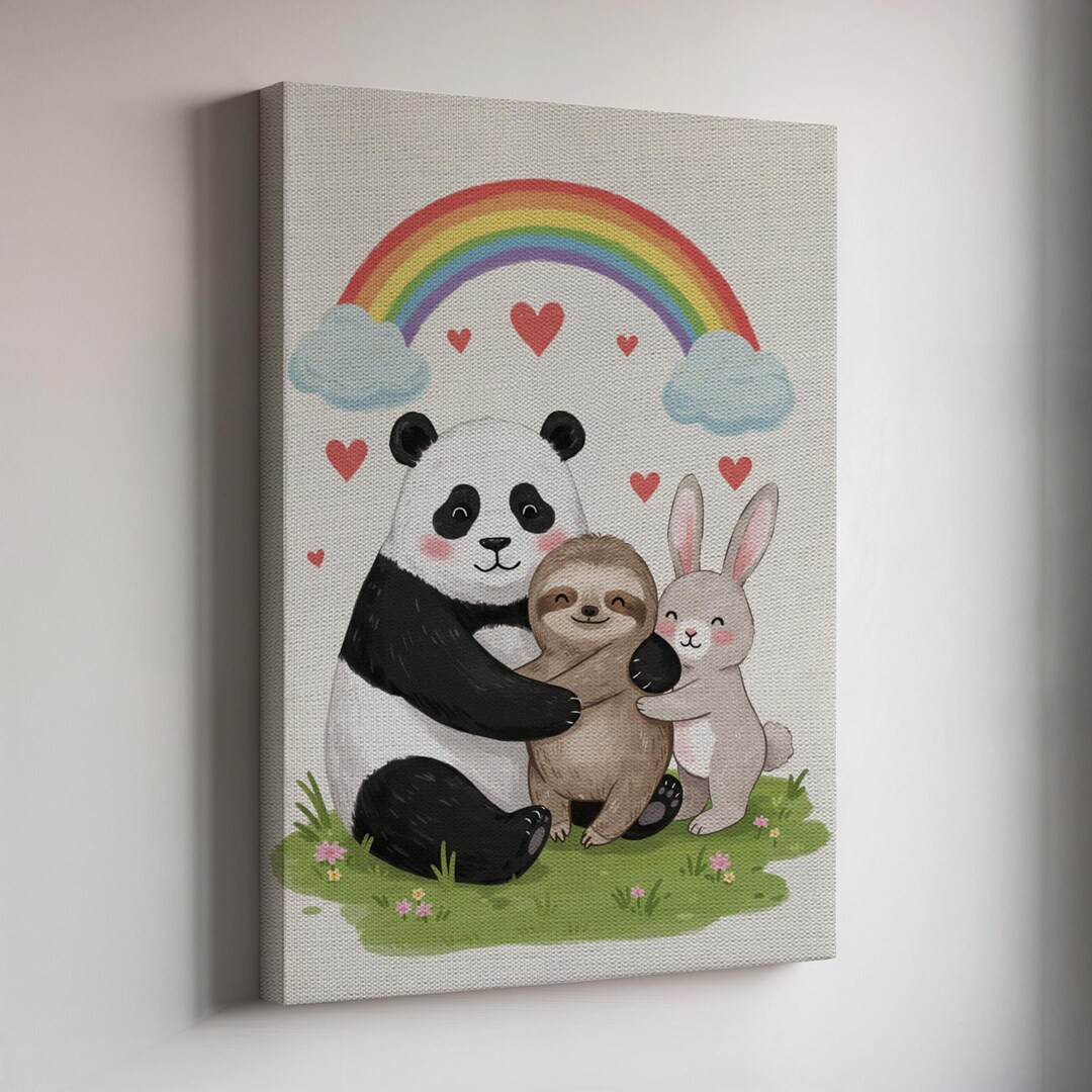 Panda Sloth Bunny Canvas Wall Art, Cute Animal Hug With Rainbow ...