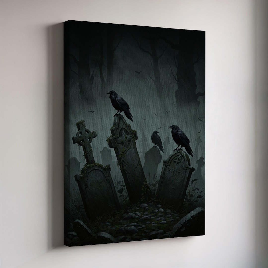 Raven Graveyard, Halloween Wall Art, Spooky Cemetery Canvas With Crows ...