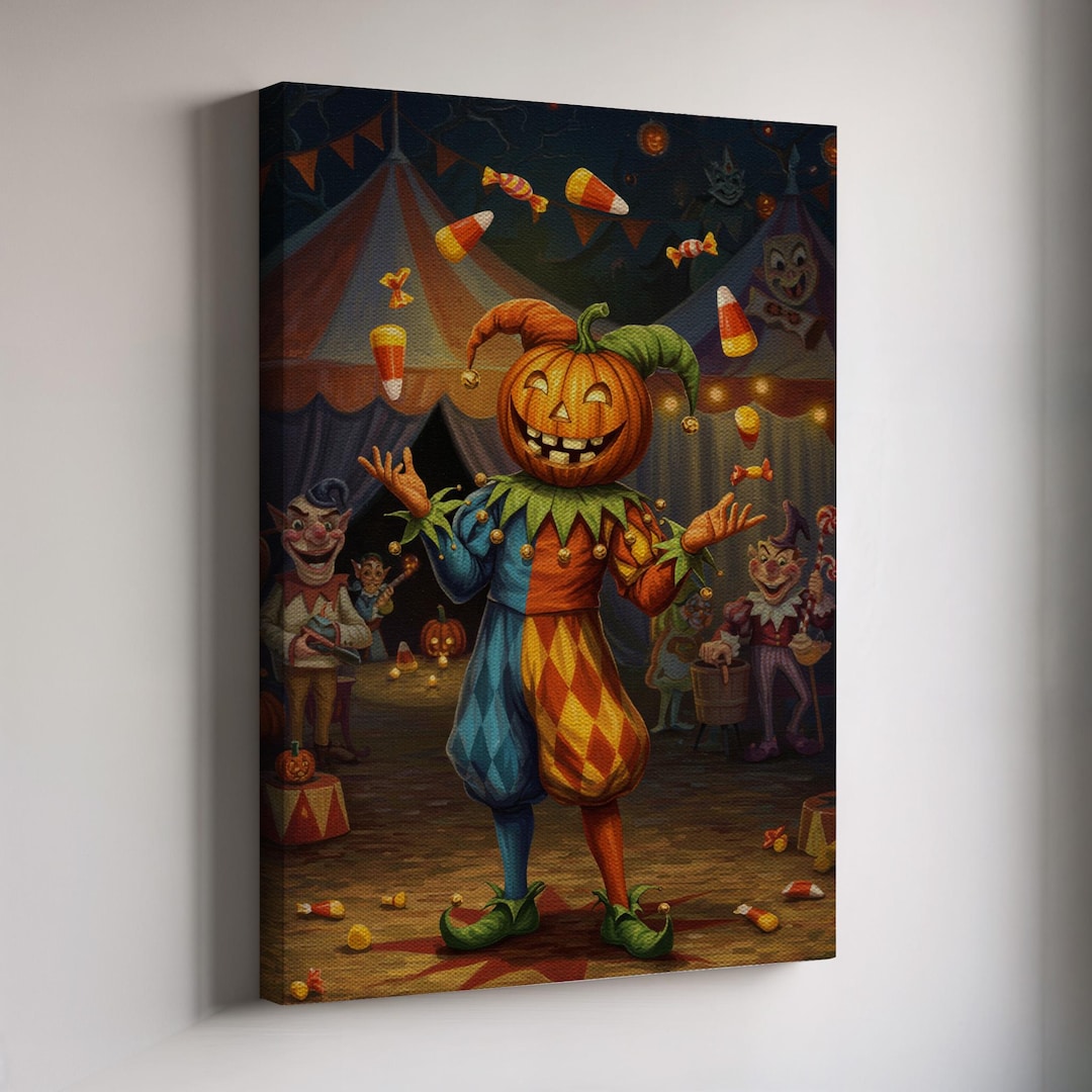 Halloween Pumpkin Jester Canvas Wall Art, Spooky Circus Clown Print ...